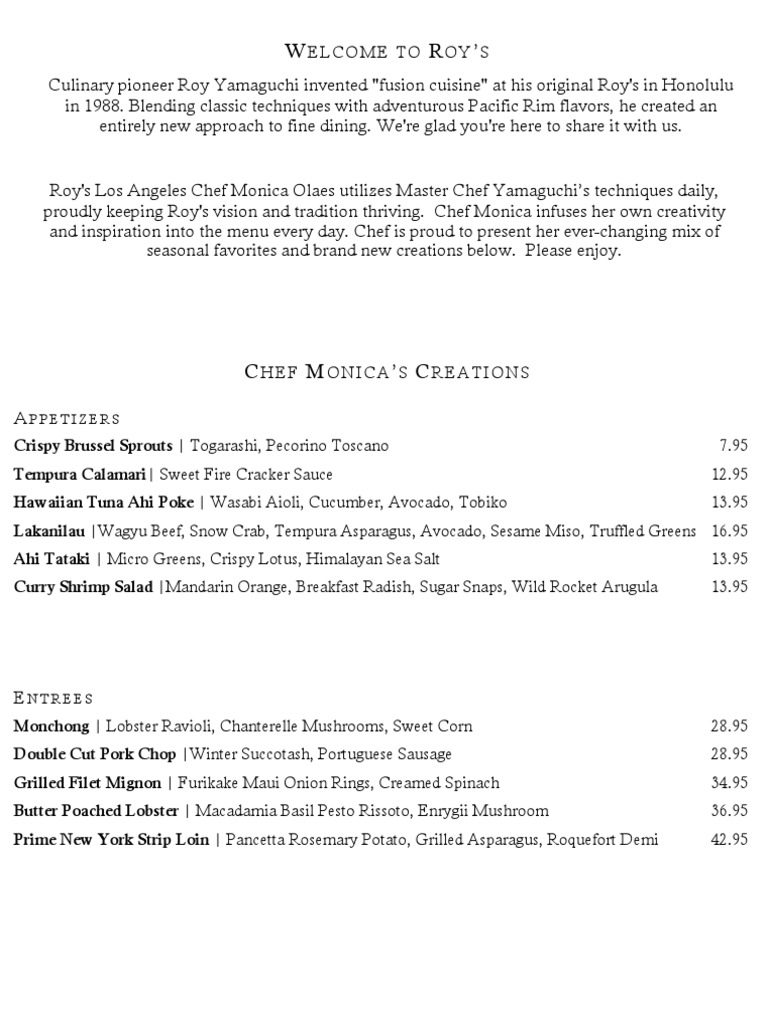 Roy's Los Angeles Menu Highlights | PDF | Thai Cuisine | Salad