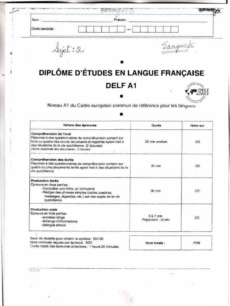 Test DELF A1 : Compréhension et Production | PDF | Notes (Finance ...