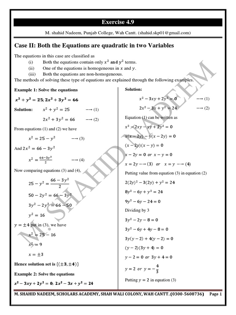 Case II: Both The Equations Are Quadratic in Two Variables: Exercise 4. ...