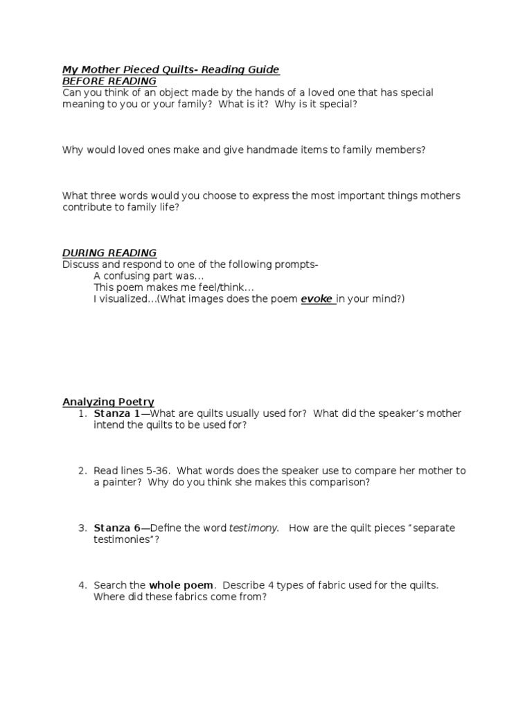 Analyzing "My Mother Pieced Quilts" | PDF