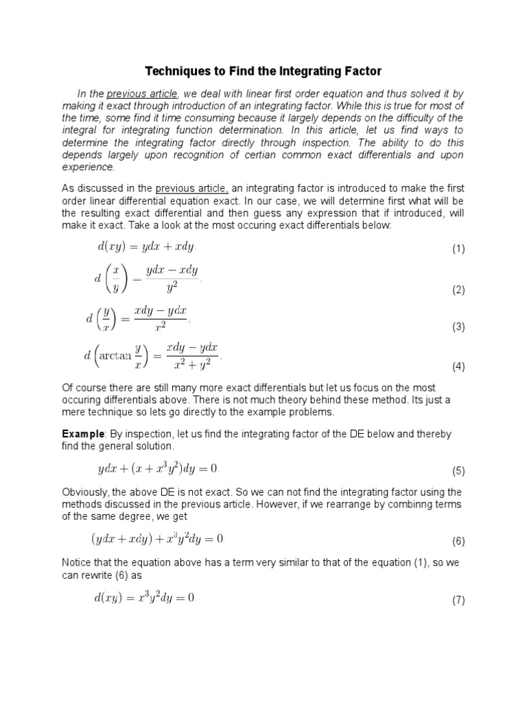 Techniques To Find The Integrating Factor | PDF | Equations | Logical Truth