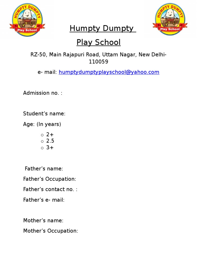 Humpty Dumpty Play School Form | PDF | Wellness