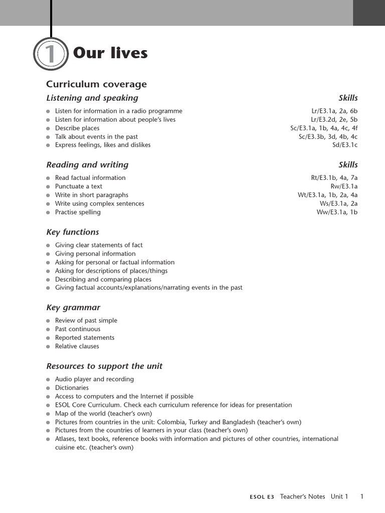 ESOL Teacher Notes - Entry 3, Unit 1 | PDF | English As A Second Or ...