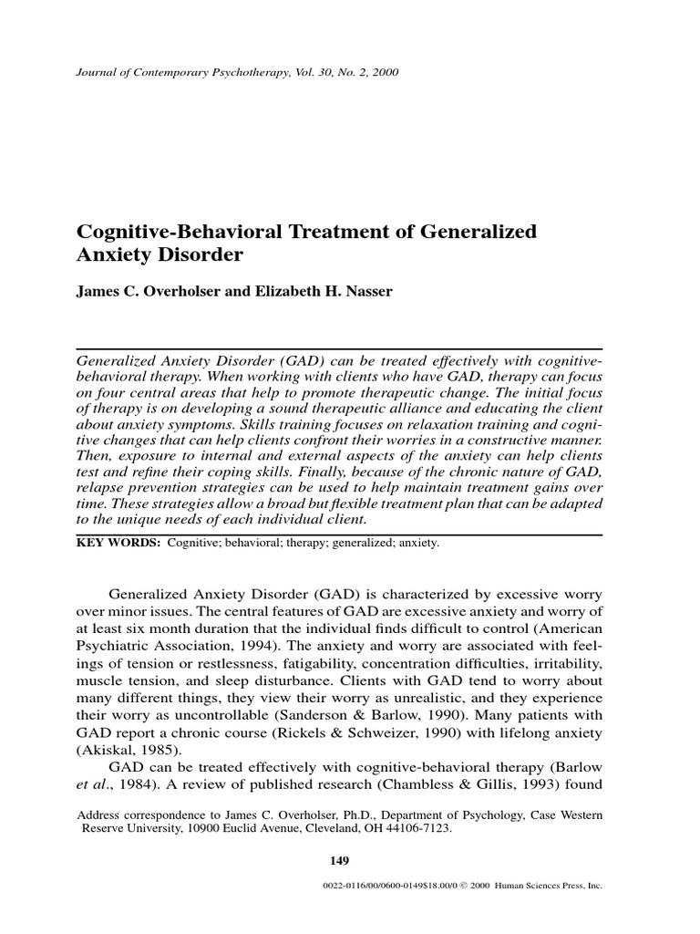 Cognitive Behavioral Treatment of Generalized Anxiety Disorder | PDF ...