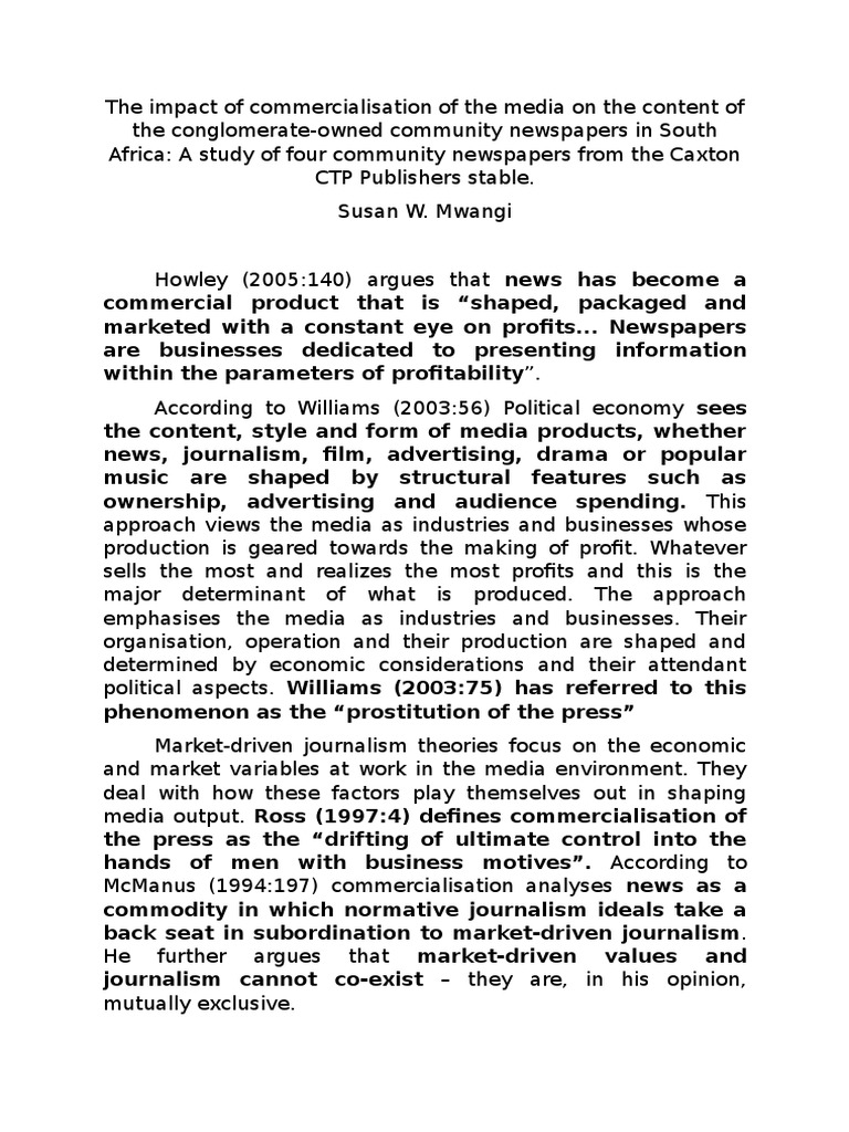 Media Commercialisation in SA Newspapers | PDF | Journalism | Mass Media