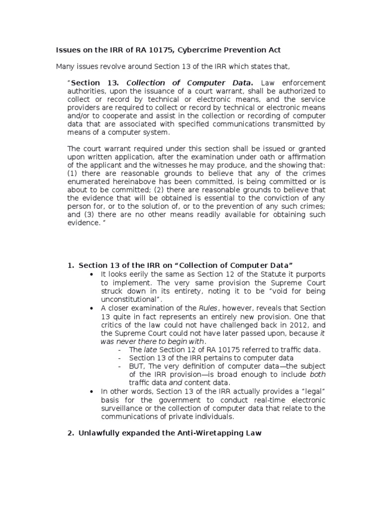 Issues On The IRR of RA 10175 | PDF | Surveillance | Search Warrant