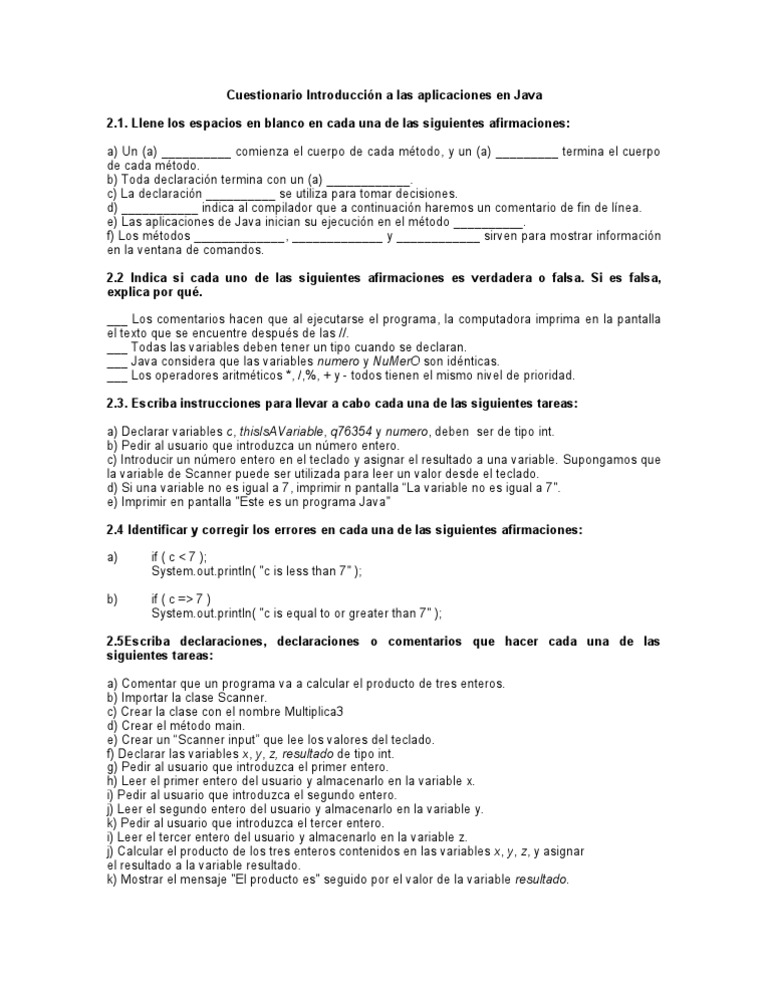 Tareasjavanet Cuestionario1 | PDF | Java (lenguaje de programación) | Programa de computadora