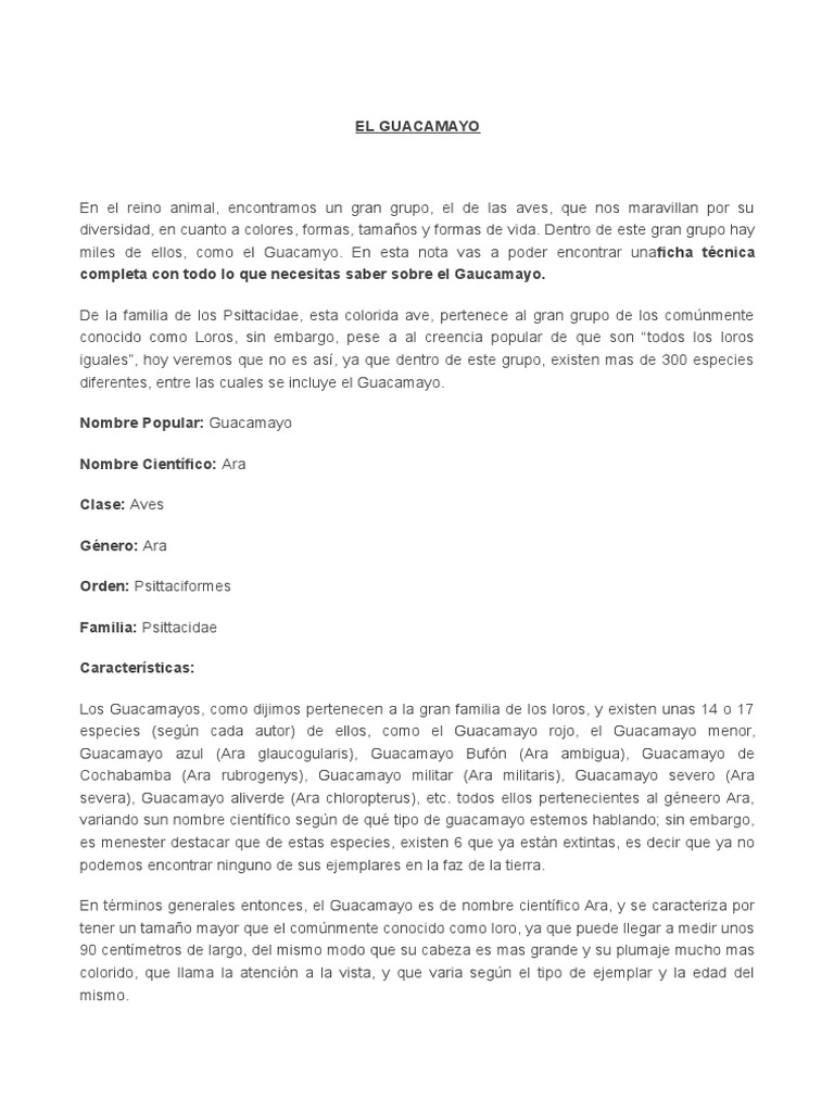 Ficha Técnica del Guacamayo: Especies y Hábitat | PDF | Ciervo | Loro