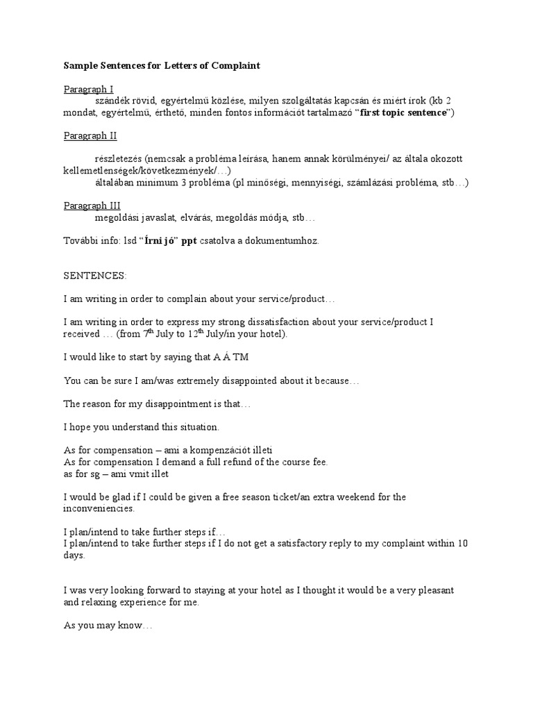 Sample Sentences For Letters of Complaint: TH TH | PDF