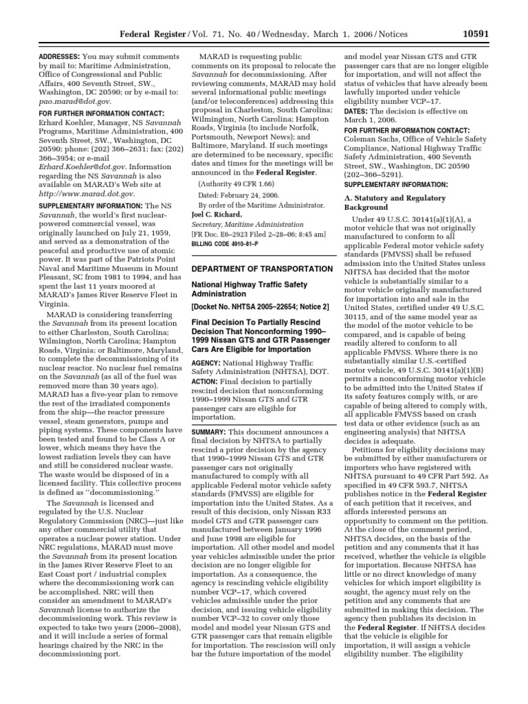 Notice: Motor Vehicle Safety Standards: Nonconforming Vehicles ...