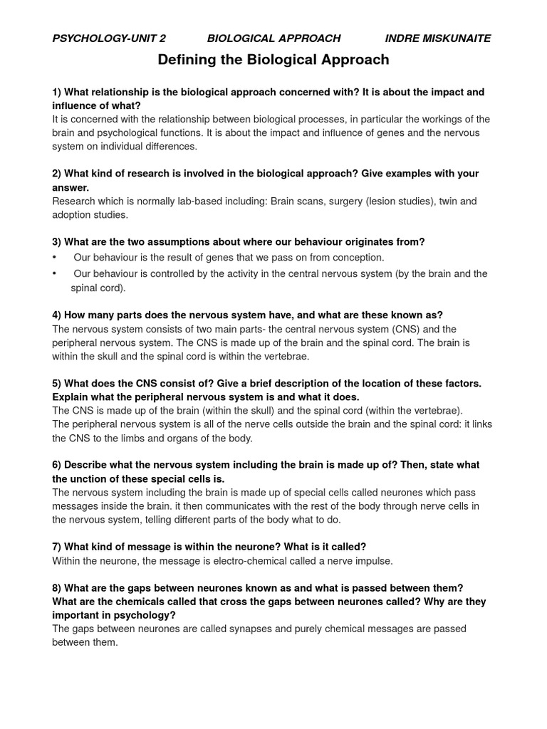 Psychology Unit 2 Revision Notes (Biological Approach) | PDF ...