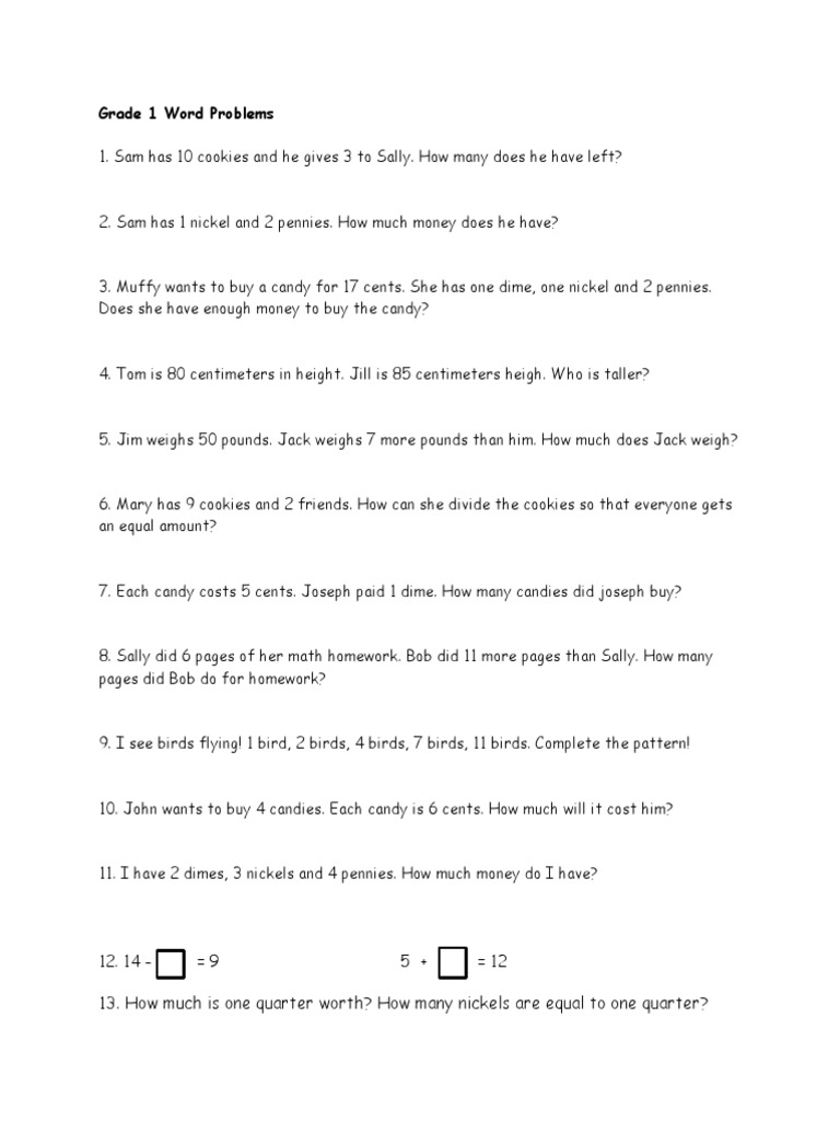 Grade 1 Word Problems | PDF