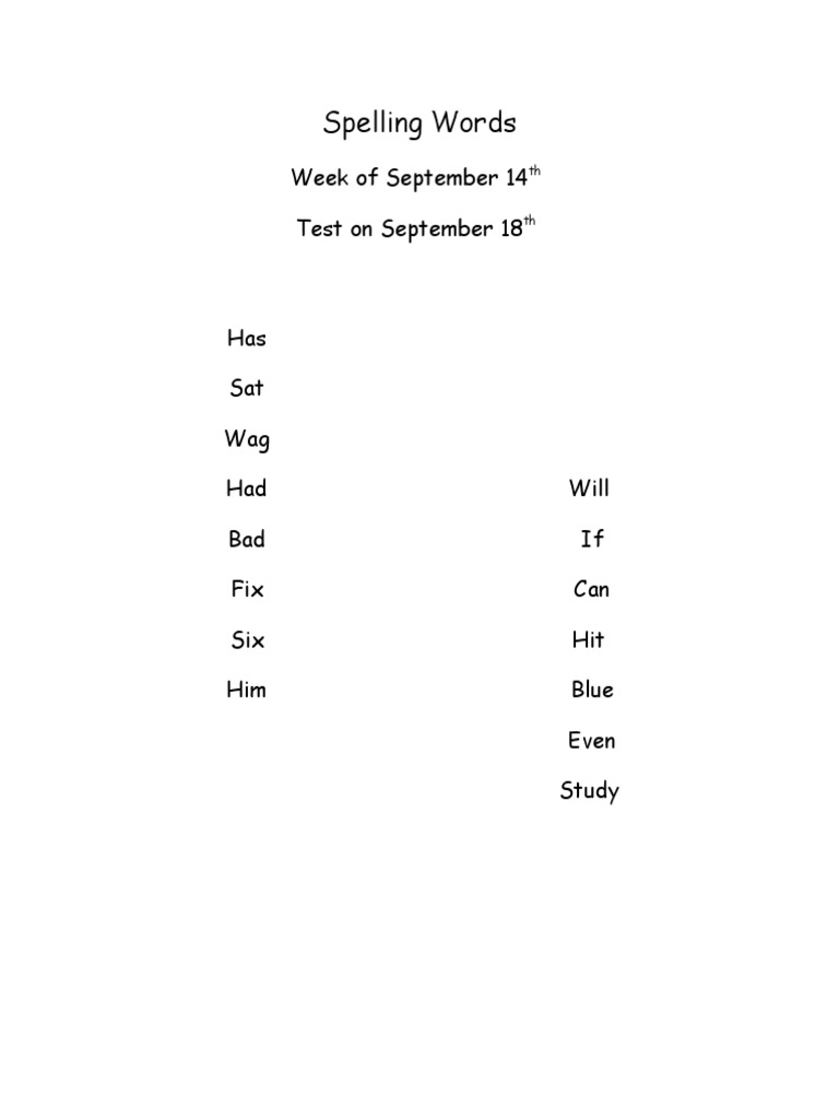 Weekly Spelling Words for September 14 | PDF