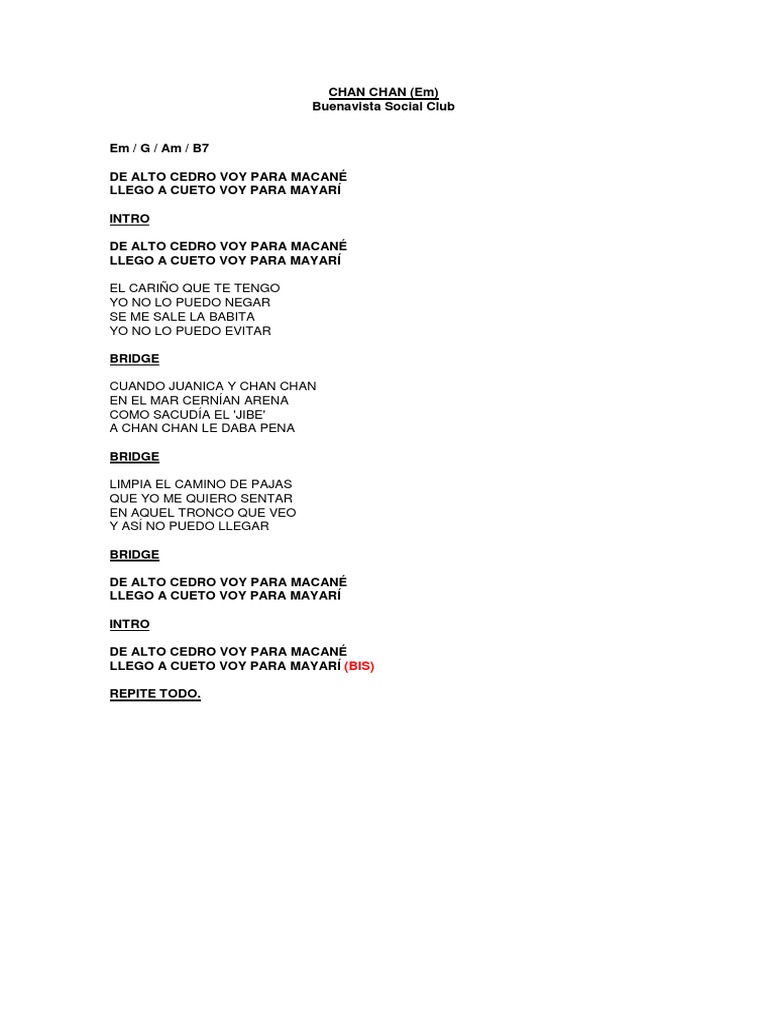 Letra de "Chan Chan" - Buena Vista Social Club | PDF