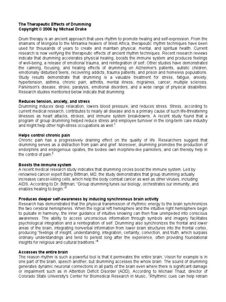 Therapeutic Effects of Drumming | PDF | Chronic Condition | Stress ... Therapeutic Effects of Drumming | PDF | Chronic Condition | Stress ...