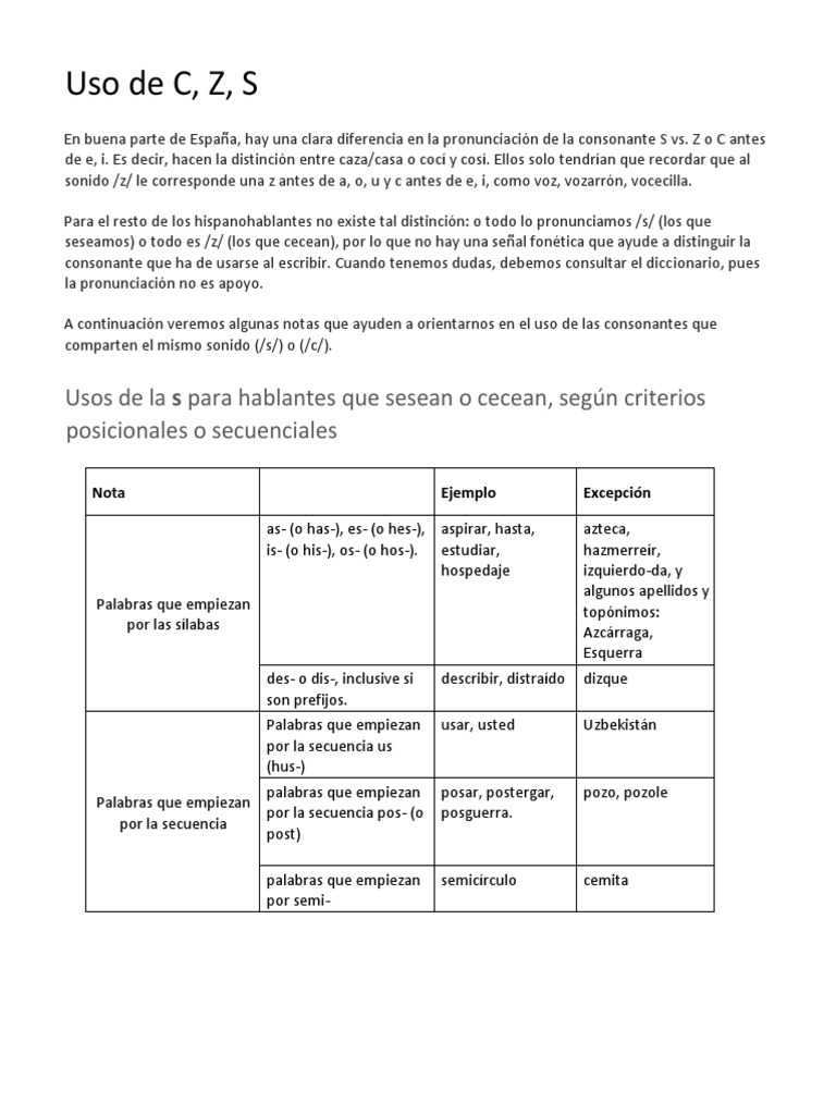 Ortografia C, S, Z | Descargar gratis PDF | Vocabulario | Semántica léxica