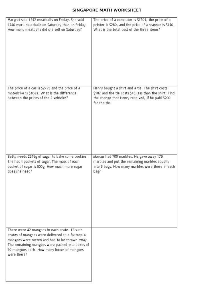 Singapore Math Word Problems Worksheet | PDF