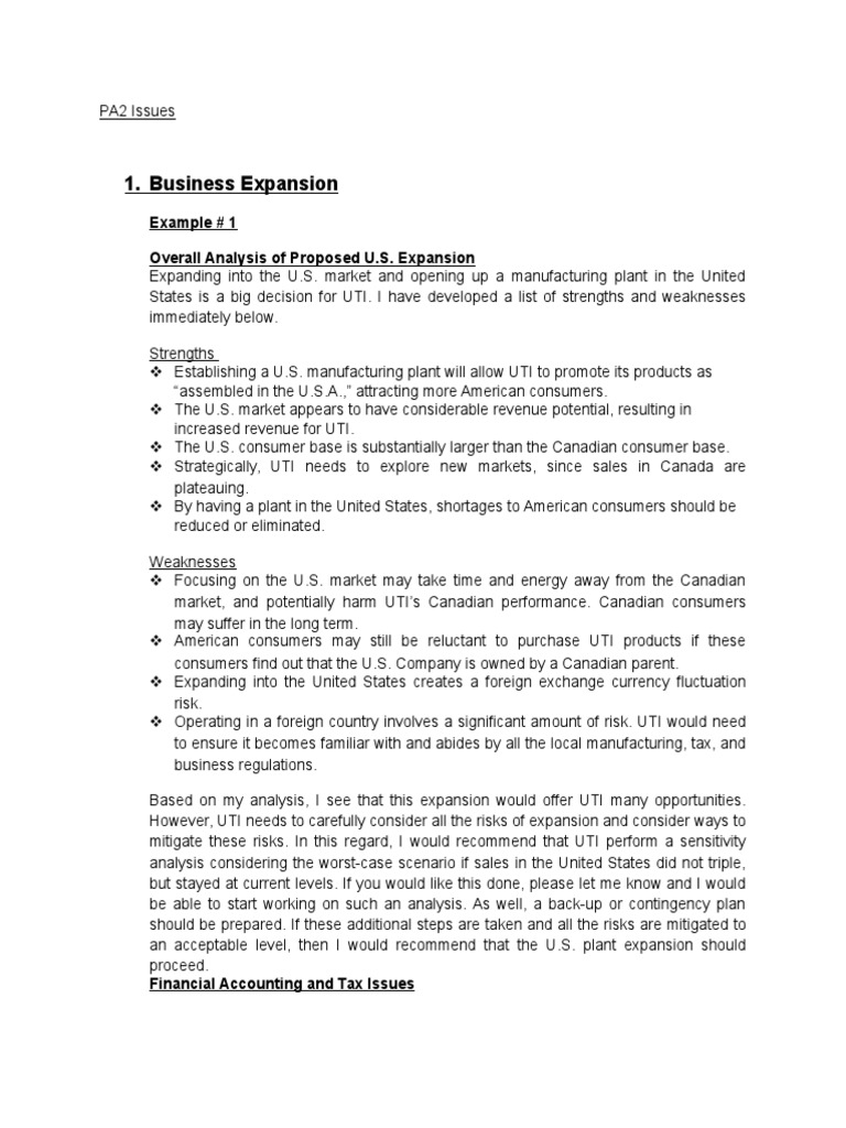 Business Expansion: Example # 1 Overall Analysis of Proposed U.S ...