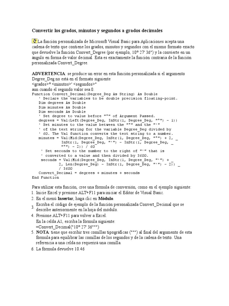 Conversión de Grados a Decimales en Excel | PDF