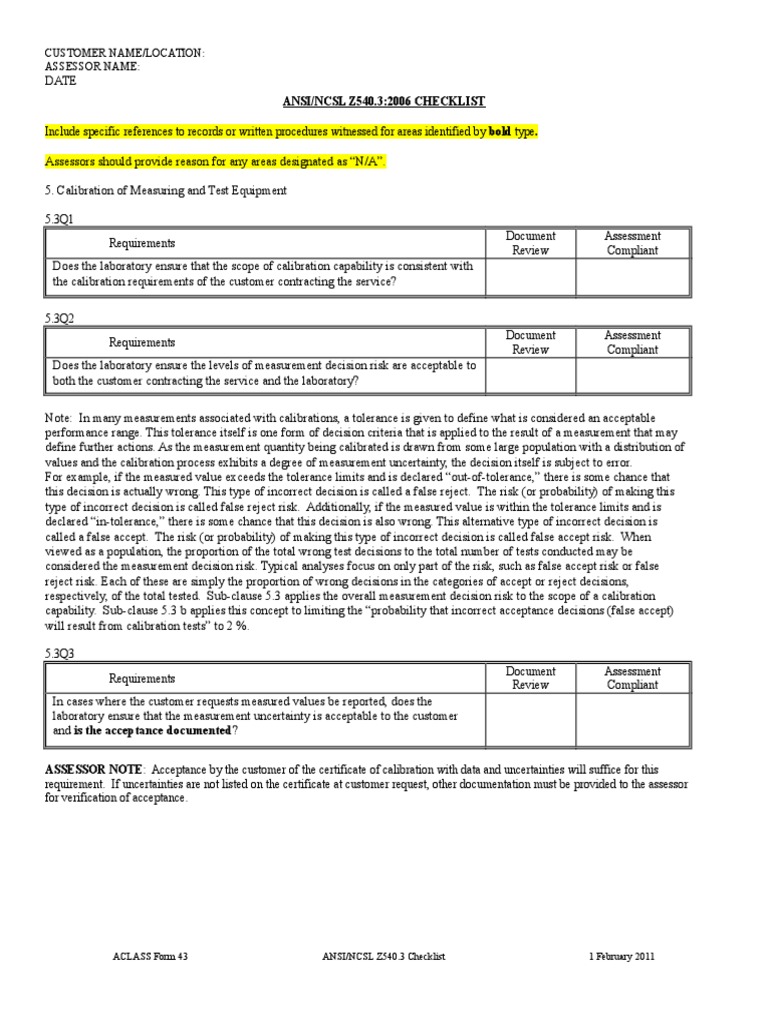 Calibration Checklist Assessment | PDF | Calibration | Educational ...