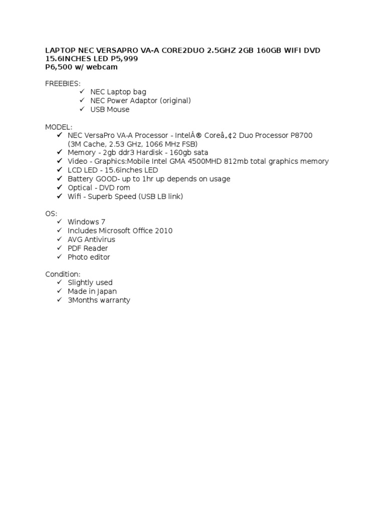 Laptop Nec Versapro Va | PDF | Laptop | Classes Of Computers
