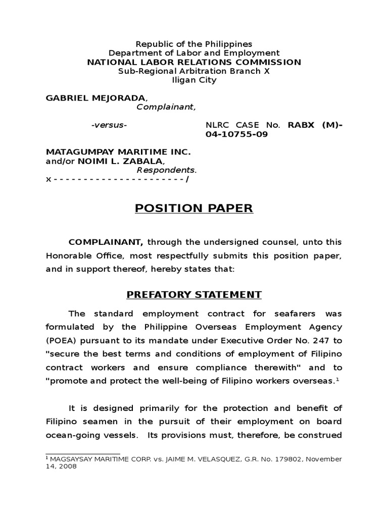 Position-Paper Labor Case | PDF | Affidavit | Sailor