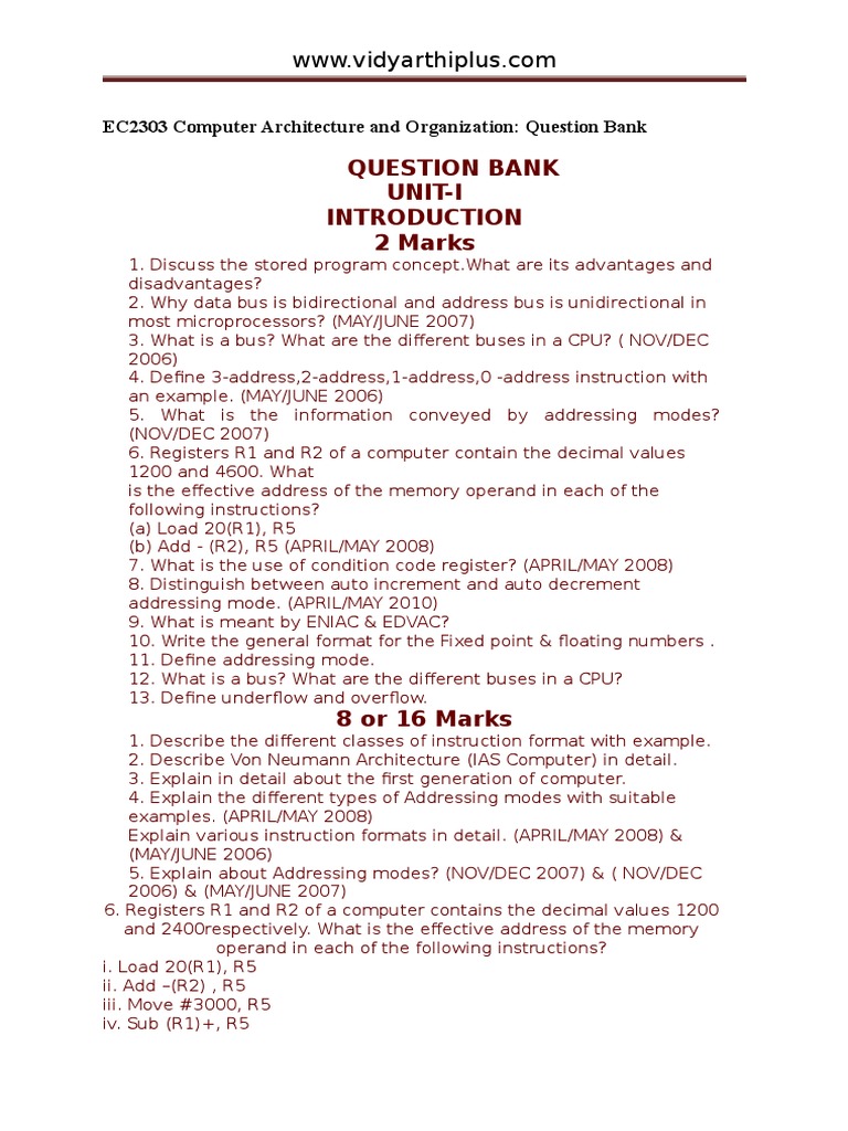 Question Bank Unit-I 2 Marks | PDF | Computer Memory | Cpu Cache