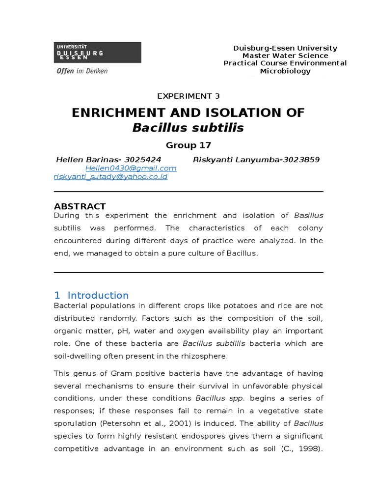 ENRICHMENT AND ISOLATION OF Bacillus Subtilis | PDF | Bacillus | Bacteria
