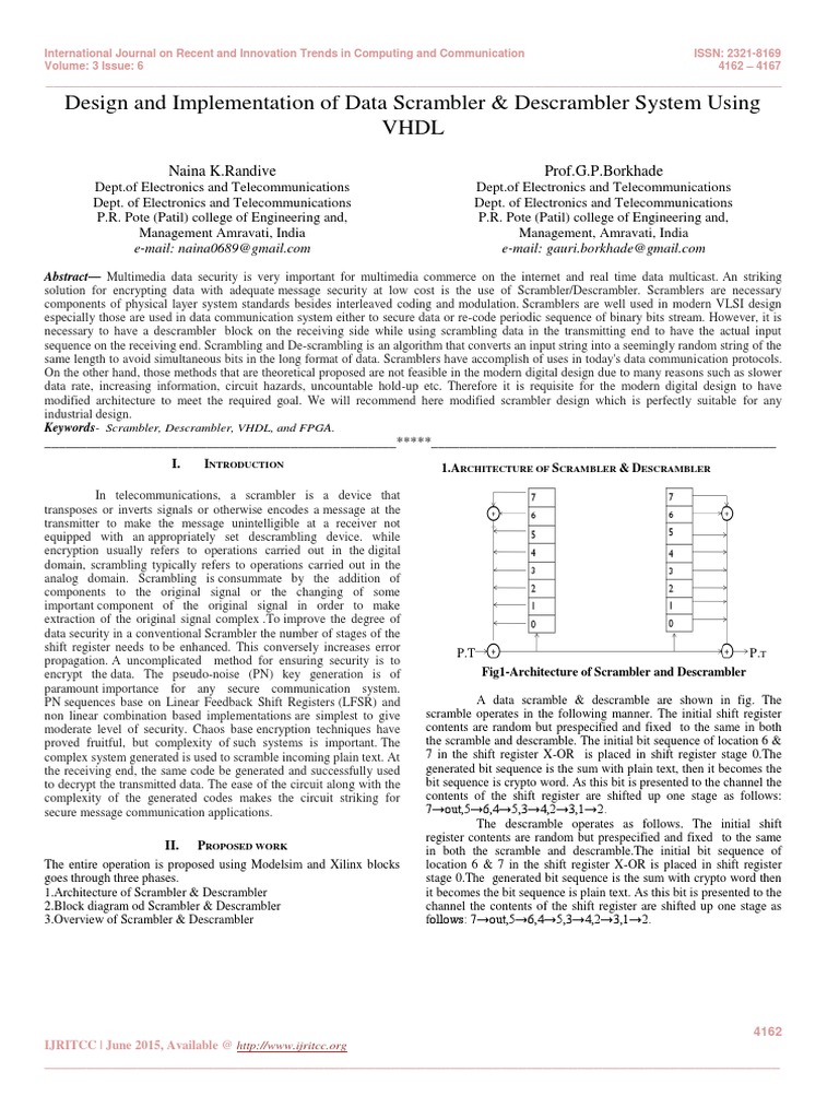 Design and Implementation of Data Scrambler & Descrambler System Using VHDL | PDF | Electronics ...