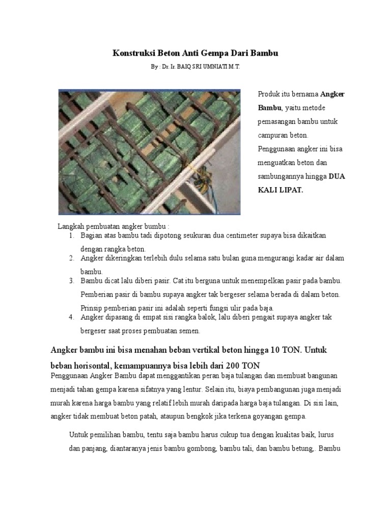 Konstruksi Beton Anti Gempa Dari Bambu | PDF | Griya & Taman