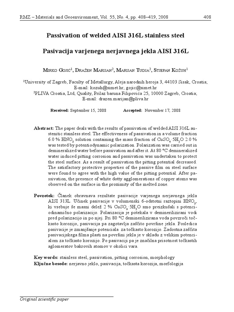 Passivation of AISI 316L Stainless Steel | PDF | Corrosion | Stainless ...