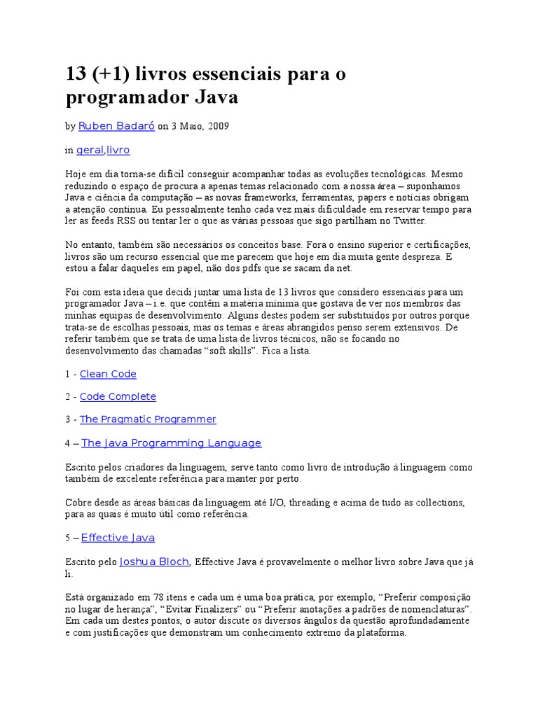 Livros Essenciais para Programadores Java | PDF | Padrão de design de ...