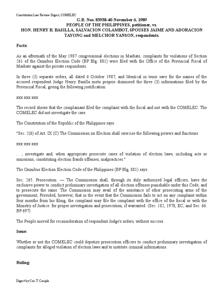 Case Digests | Prosecutor | Commission On Elections (Philippines ...