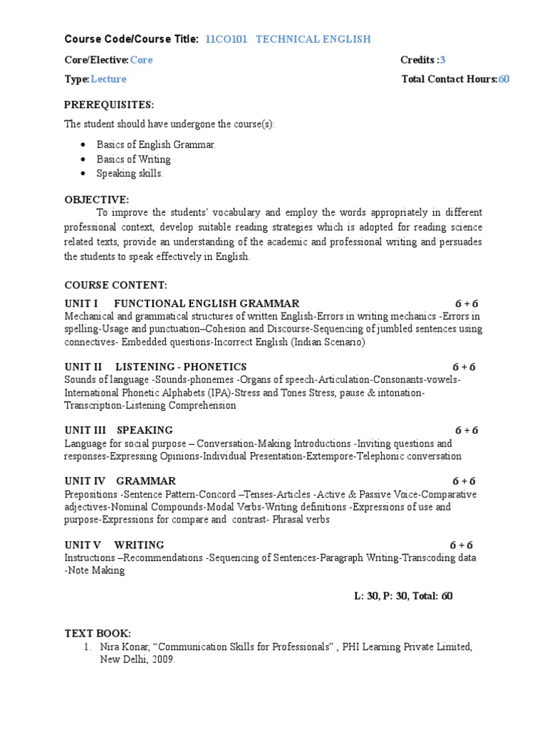 Technical English Course Syllabus | Download Free PDF | English ...