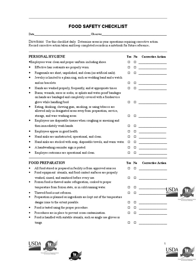 Food Safety Checklist: Personal Hygiene | PDF | Kitchen Utensil ...