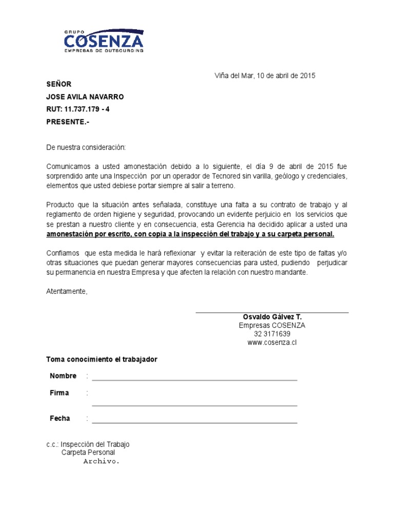 Carta De Amonestacion Ejemplo Carta De Amonestacion Ejemplo