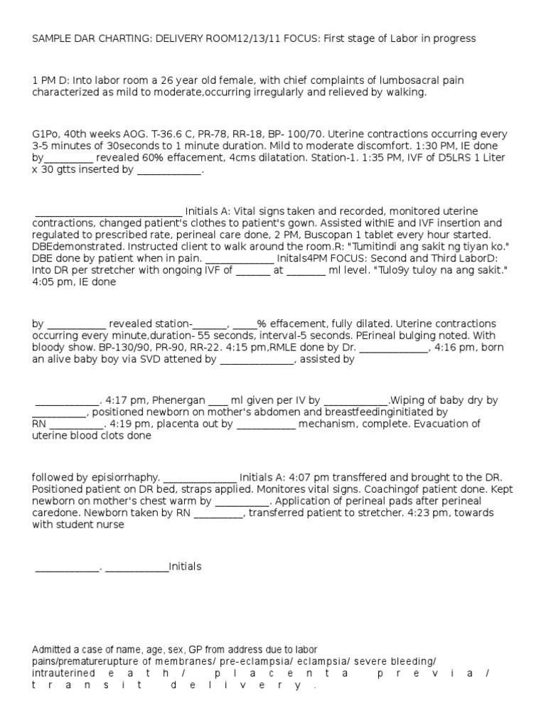 Sample Fdar Charting | PDF | Childbirth | Gynaecology