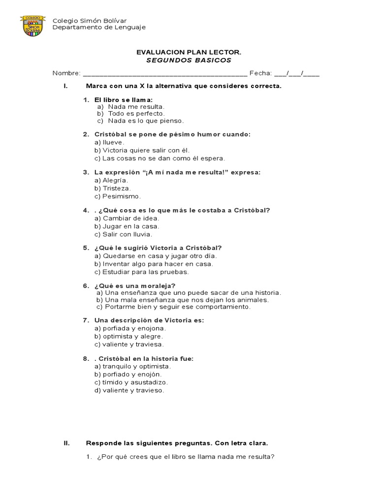 Prueba Plan Lector Nada Me Resulta | PDF
