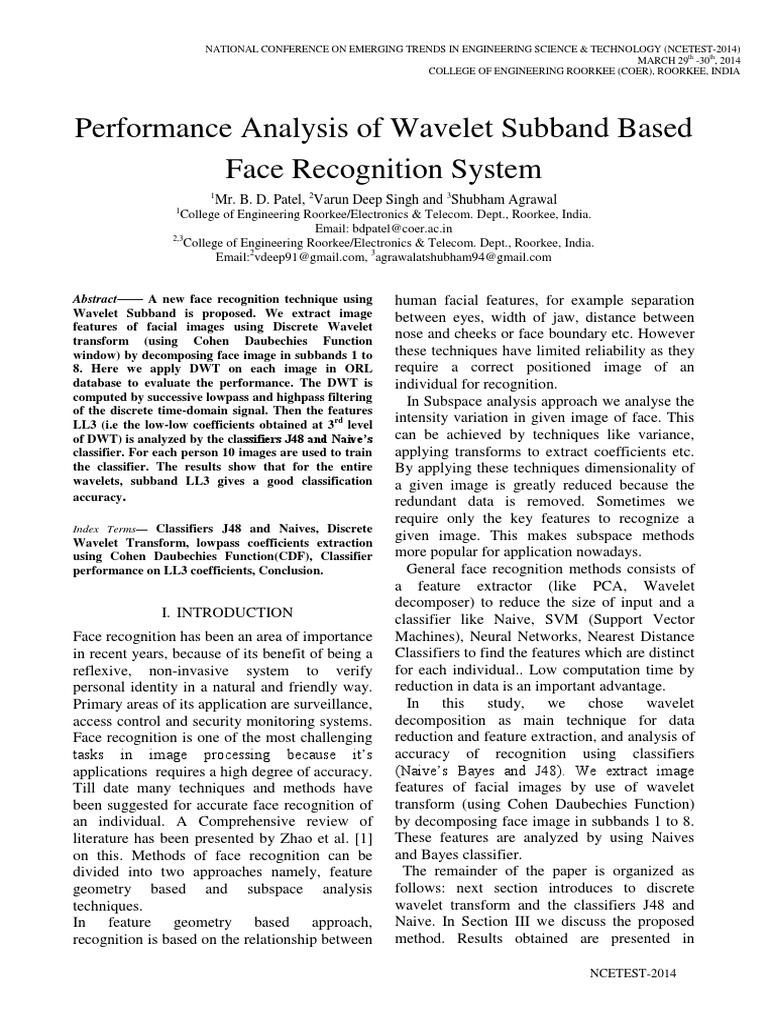 Wavelet Based Face Recognition System | PDF | Wavelet | Statistical Classification