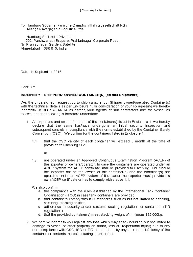 Indemnity for Shipper-Owned Containers | PDF | Indemnity | Government ...