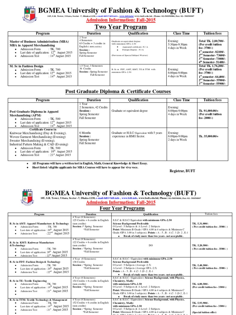 BUFT Admission Information for Fall 2015 Semester: Details on Degree ...