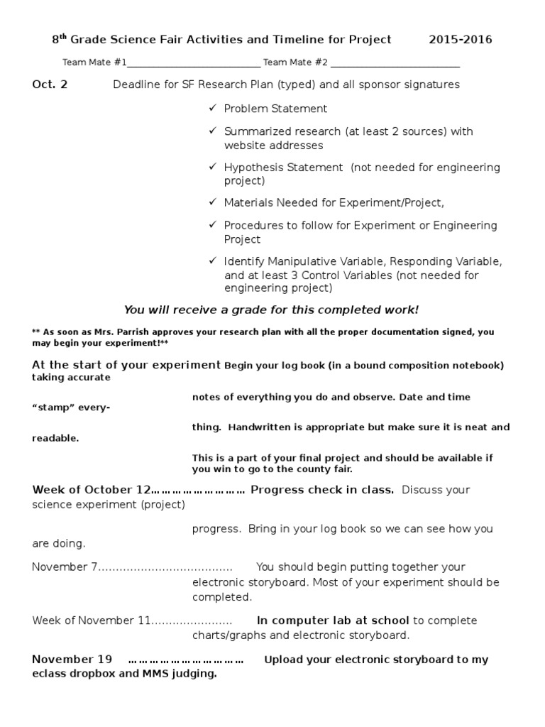 8th Grade Science Fair Activities and Timeline For Project | PDF