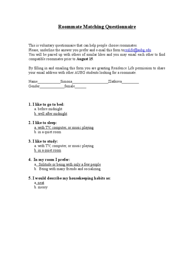 Roommate Compatibility Questionnaire | PDF