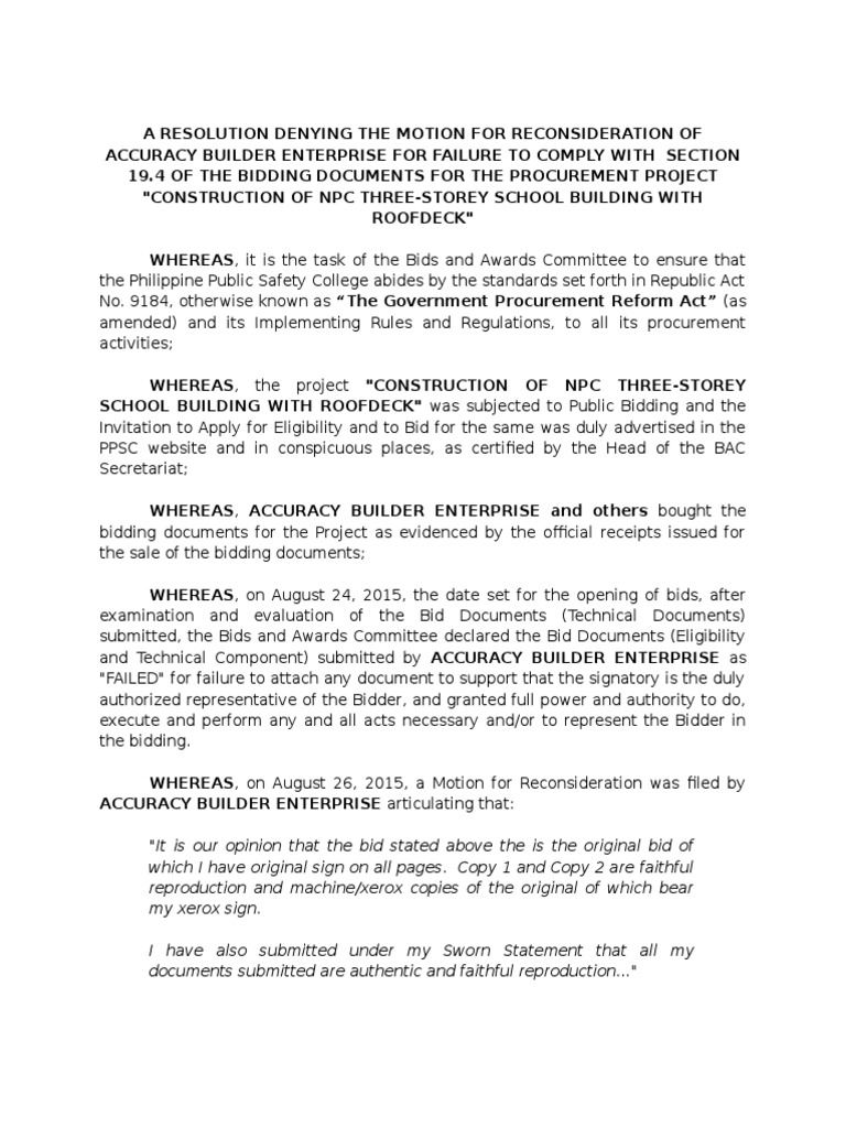 Sample Resolution Denying The Motion For Reconsideration - Bidding | PDF | Public Law | Virtue