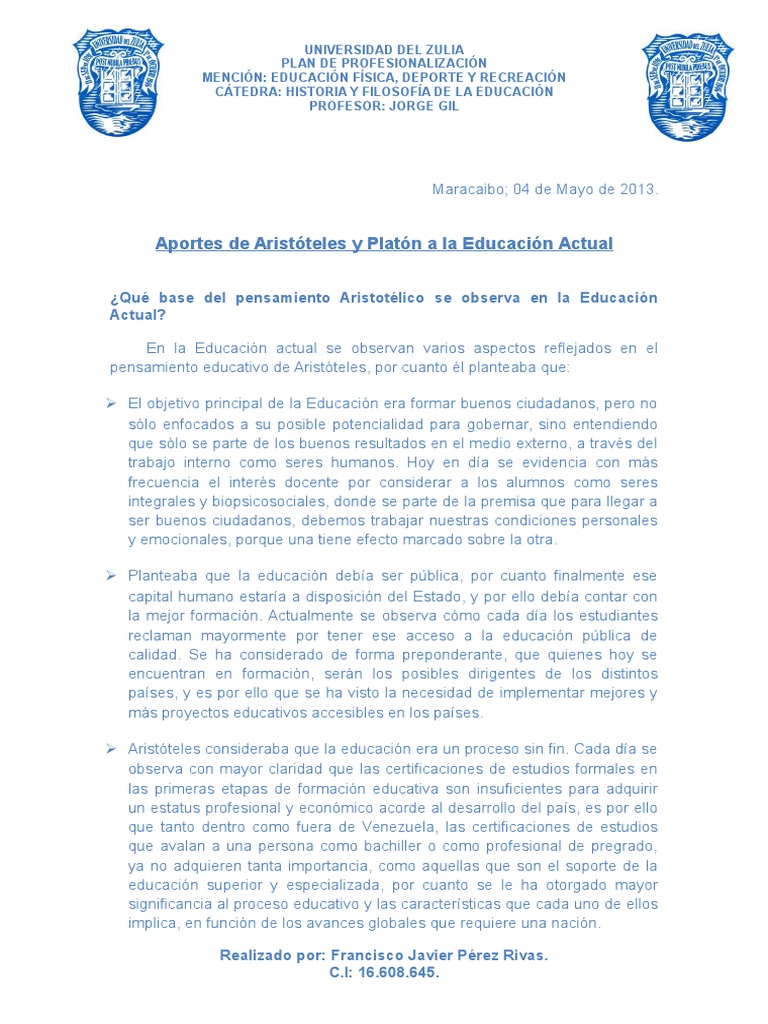 Aportes De Aristóteles Y Platón A La Educación Actual Pdf