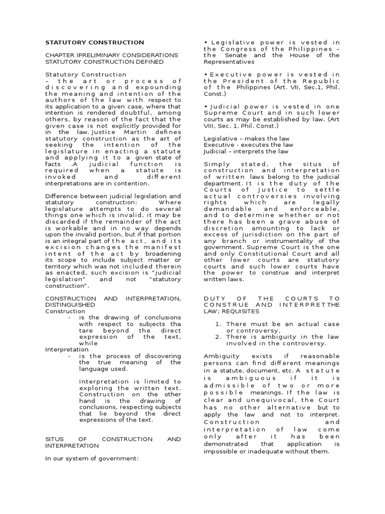 Statutory Construction Notes | PDF | Statutory Interpretation | Bill (Law)
