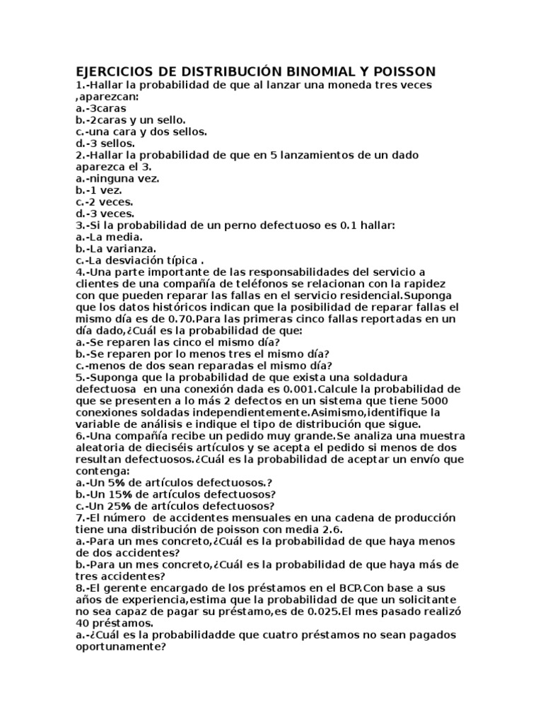 Ejercicios de Distribucion Binomial y Poisson | PDF | Distribución de veneno | Enseñanza de ...