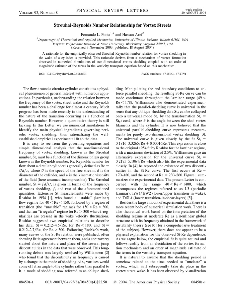 Strouhal-Reynolds Number Relationship For Vortex Streets PDF | PDF ...