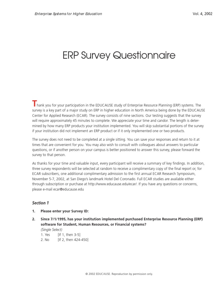 ERP Evaluation Survey Questionnaire | Enterprise Resource Planning ...