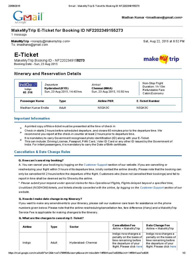 Gmail - MakeMyTrip E-Ticket For Booking ID NF2202349155273 | PDF | Baggage | Fee